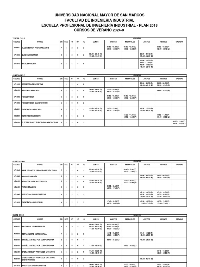 Horario Verano 2024-0 Epii (Oficial) | PDF | Informática | Ingeniería