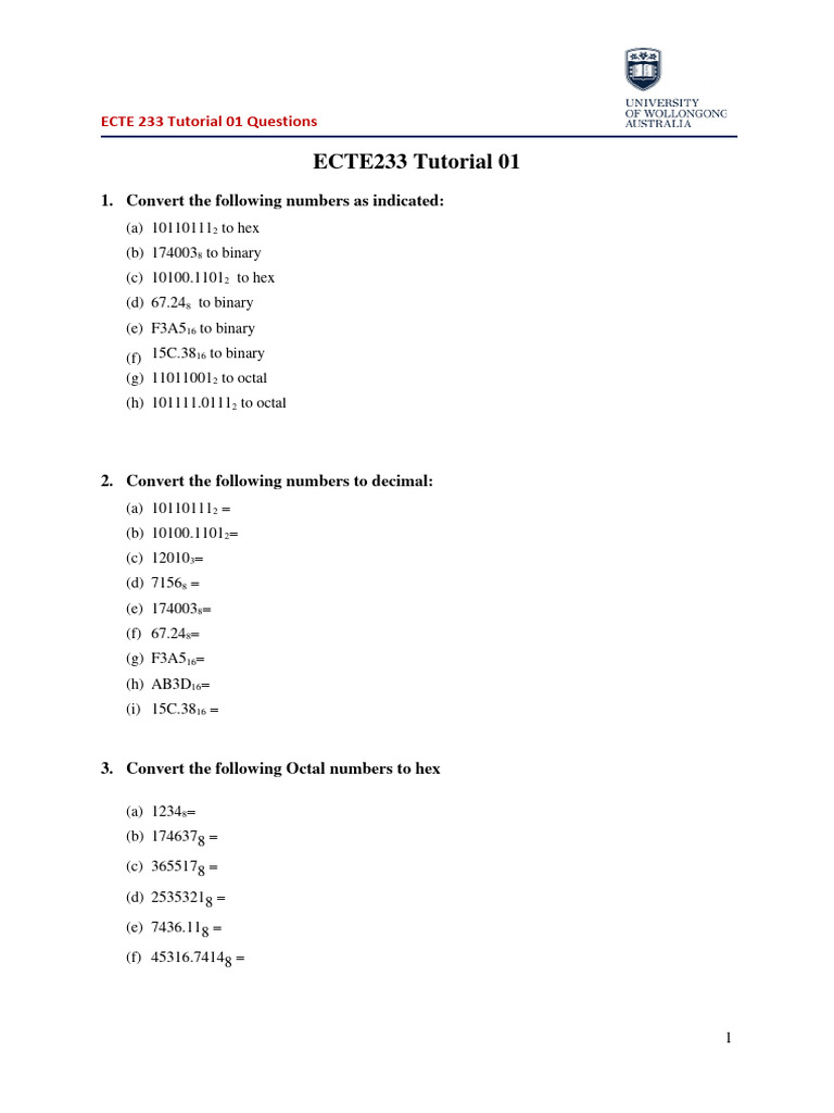 ECTE233 Tutorial 01 Questions 2024 | PDF | Binary Coded Decimal | Mathematics