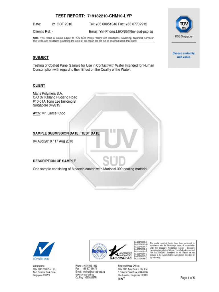 MARISEAL 300 Potable Water Certification From Singapore | Download Free ...