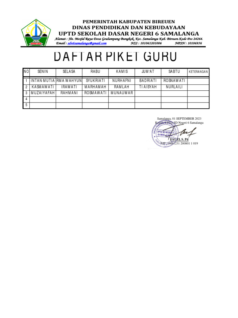 Daftar Piket Guru Terbaru | PDF