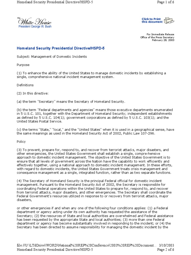 HSPD-5: Domestic Incident Management | PDF | Social Science