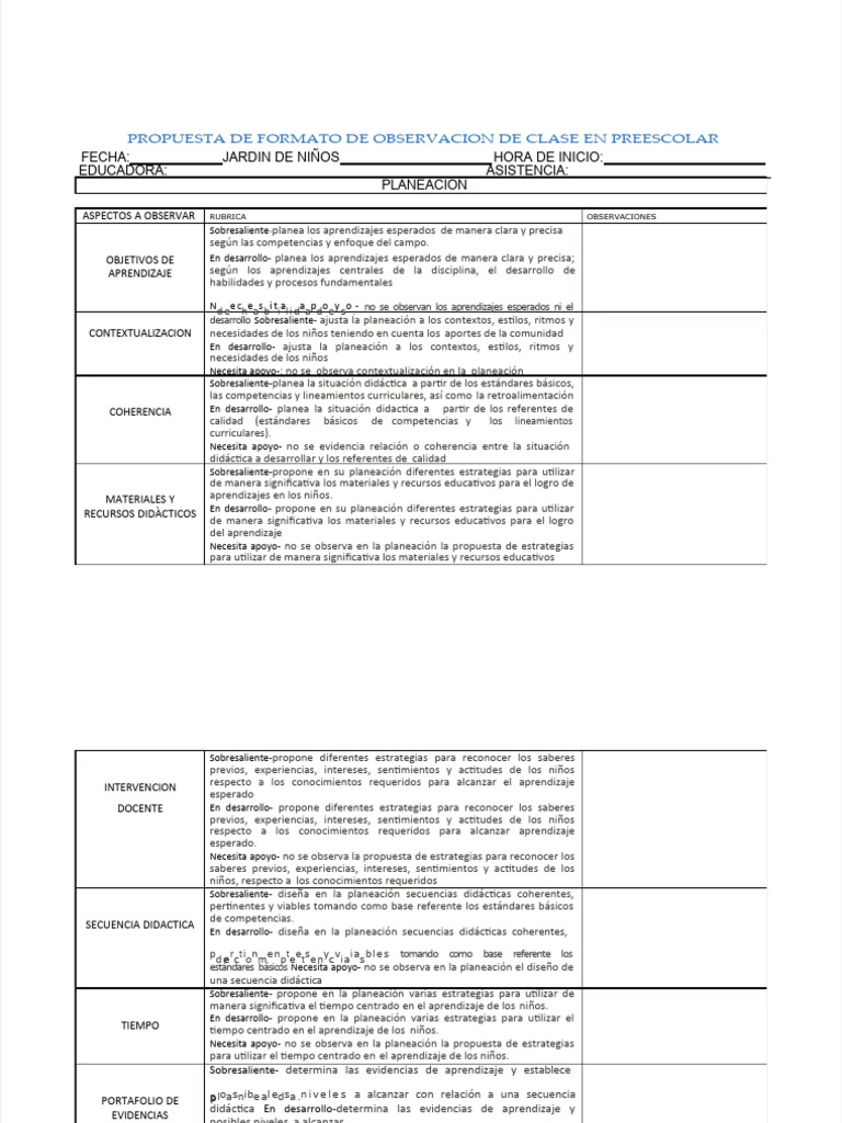 PDF Propuesta de Formato de Observacion de Clase en Preescolar | PDF | Educación de la primera ...