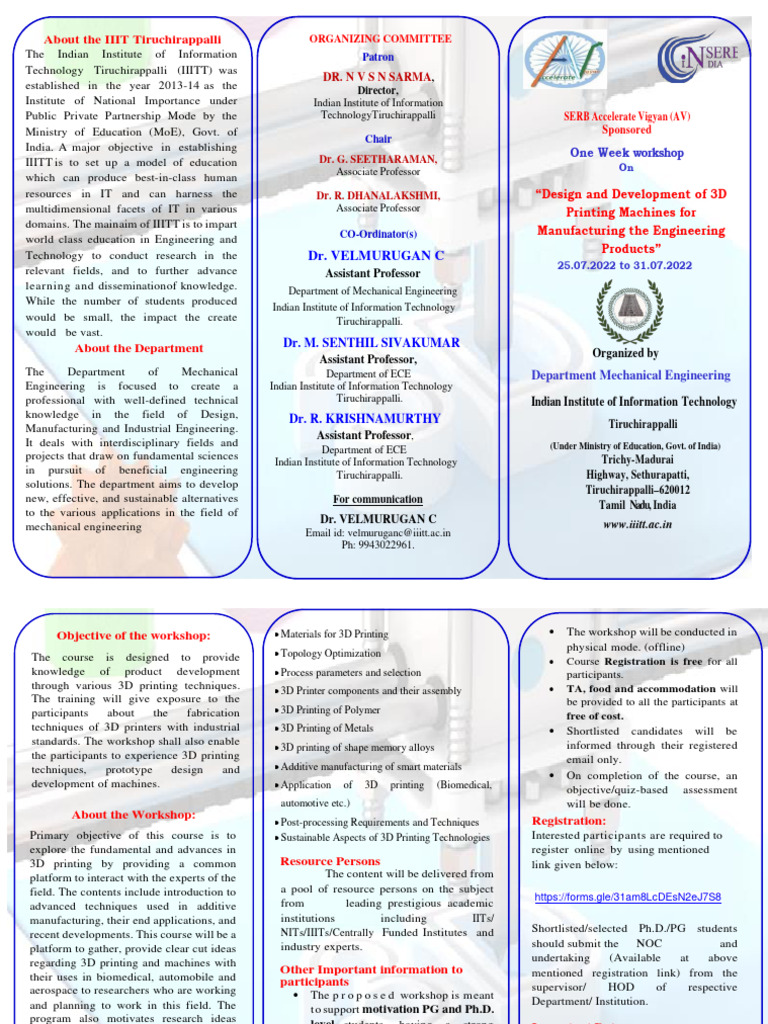 SERB Workshop IIITT Mech | PDF | 3 D Printing | Physical Sciences