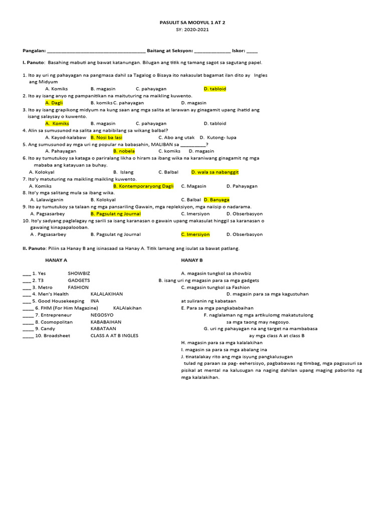 3rdquarter Summative3.1 3.3 Filipino | PDF