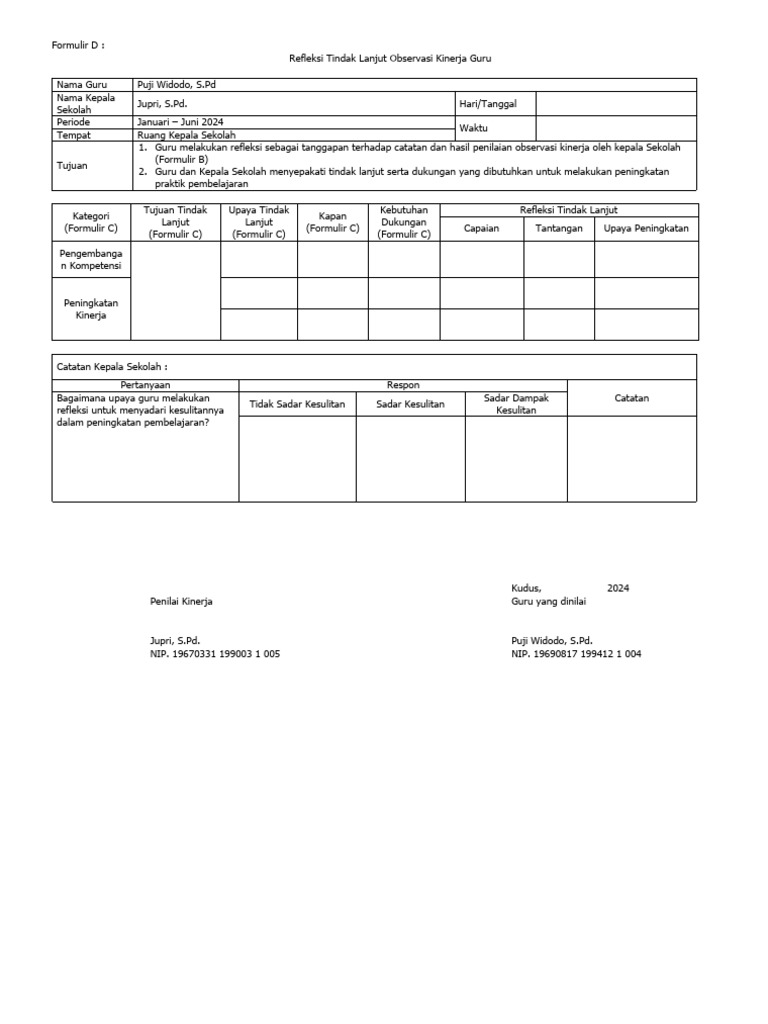 Formulir D - Refleksi Tindak Lanjut Observasi Kinerja Guru | PDF