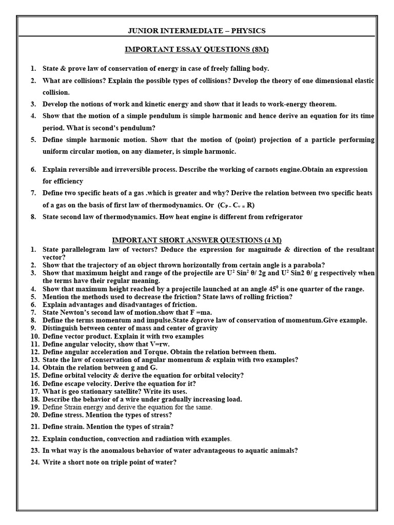 Junior Inter Physics Important Questions | PDF | Inductance | Gases