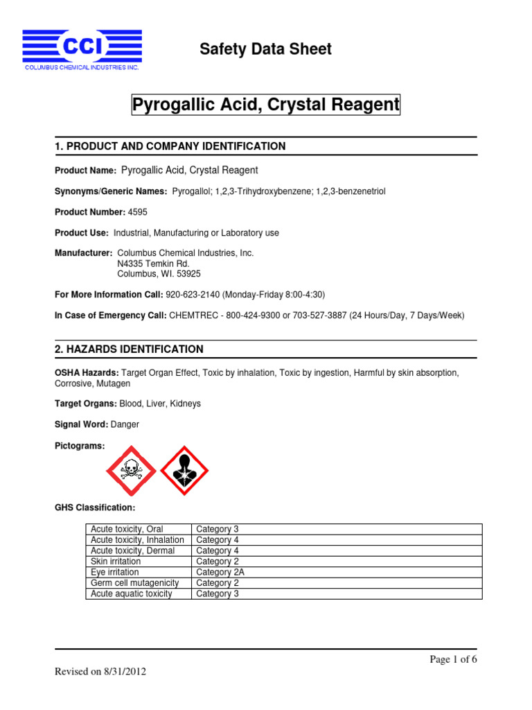 Acid Pyrogallic MSDS | PDF | Toxicity | Personal Protective Equipment