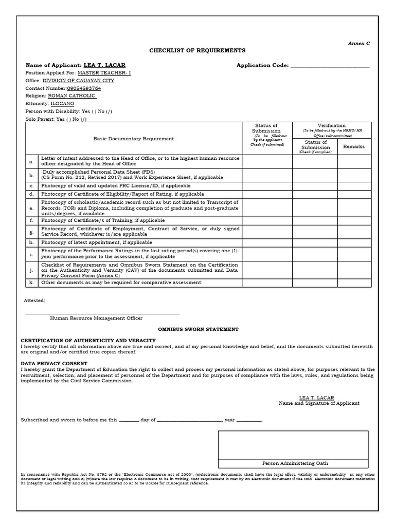 DepEd Annex C Requirements Checklist | PDF | Authentication