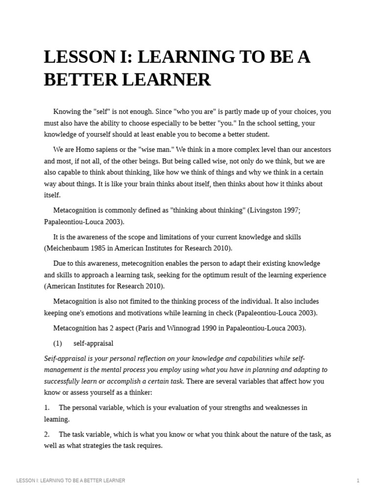 Lesson I Learning To Be A Better Learner | PDF | Metacognition | Learning