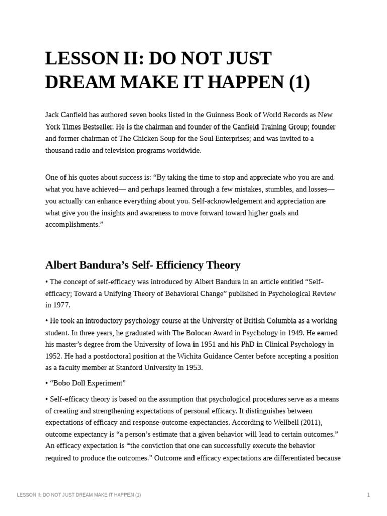 Lesson II Do Not Just Dream Make It Happen | PDF | Self Efficacy | Goal