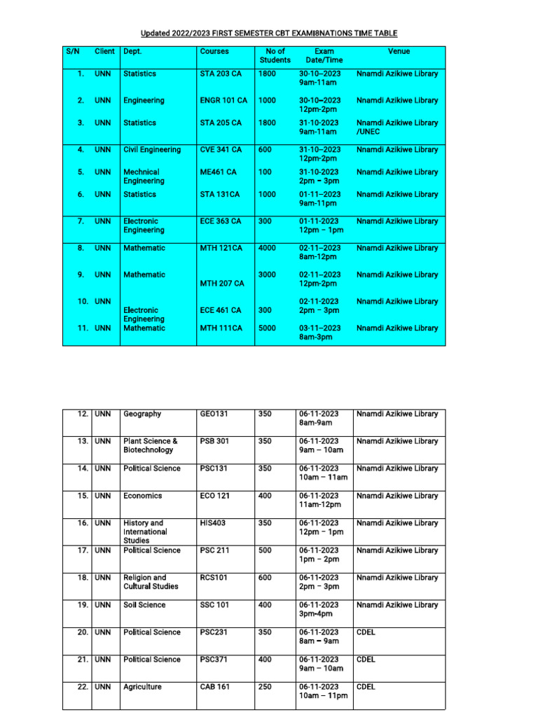 2022-2023 First Semester CBT - Cbe Timetable | PDF | Science