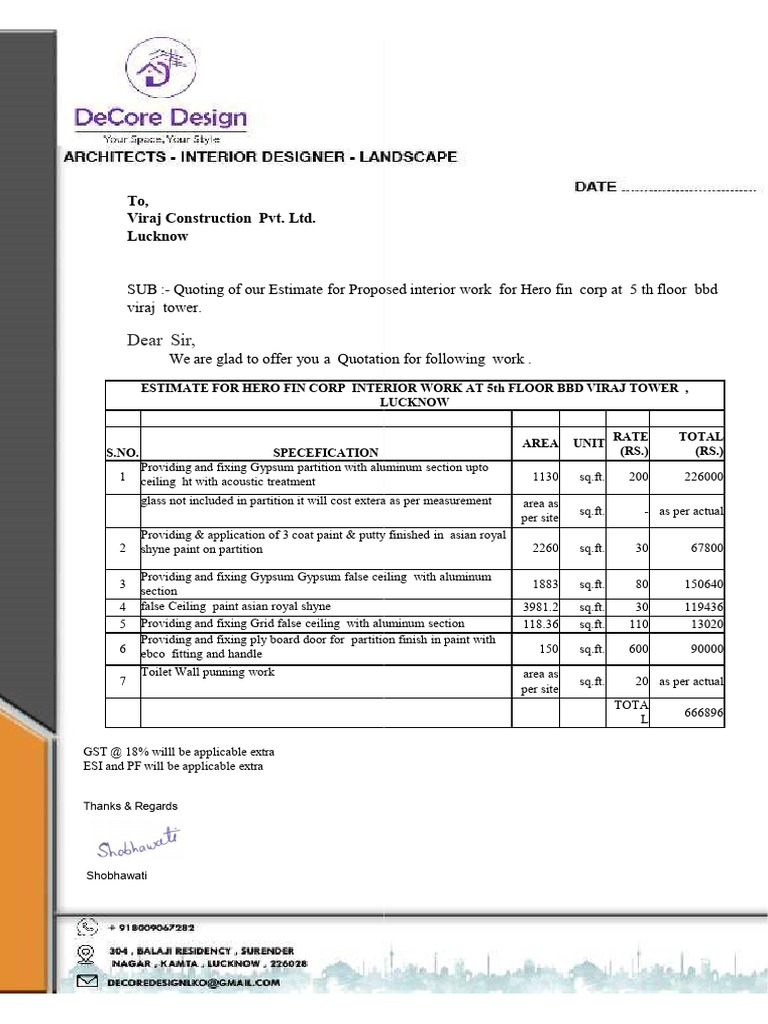 Quotation For Hero Fin Corp Interior | PDF | Building Engineering