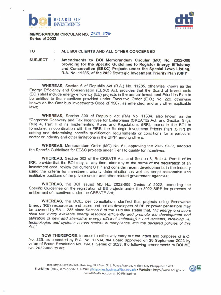 BOI MC No. 2023 006 New EE Guideline For Self Finance Projects | PDF