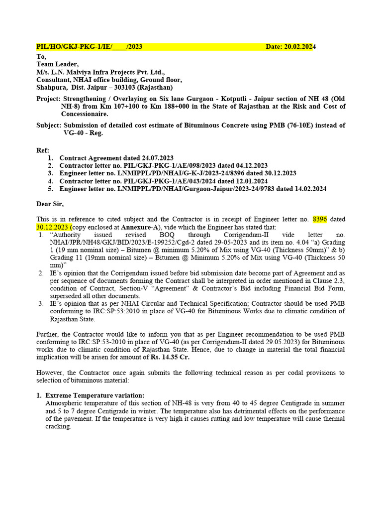 GKJ1 Draft Letter 10.01.2024 - Submission of Detailed Cost Estimate of ...