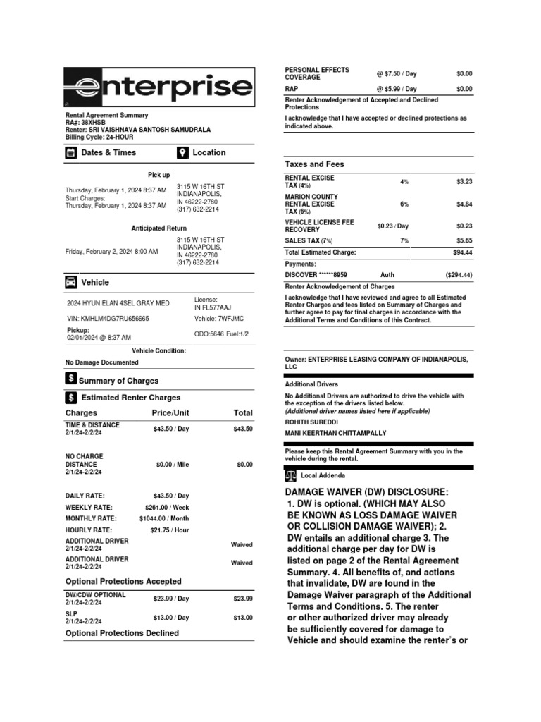 Enterprise Rental Agreement 38XHSB | PDF