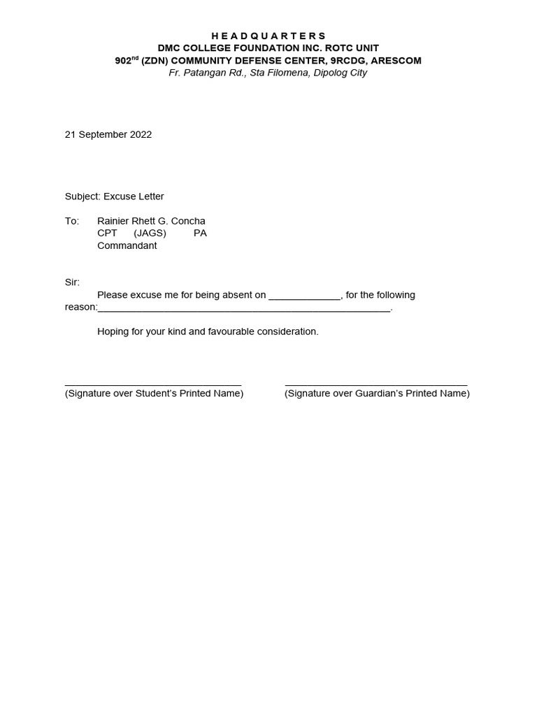 ROTC Excuse Letter Format | PDF