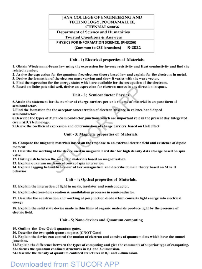 Unit Wise Questions B Section PH3256-DA | PDF