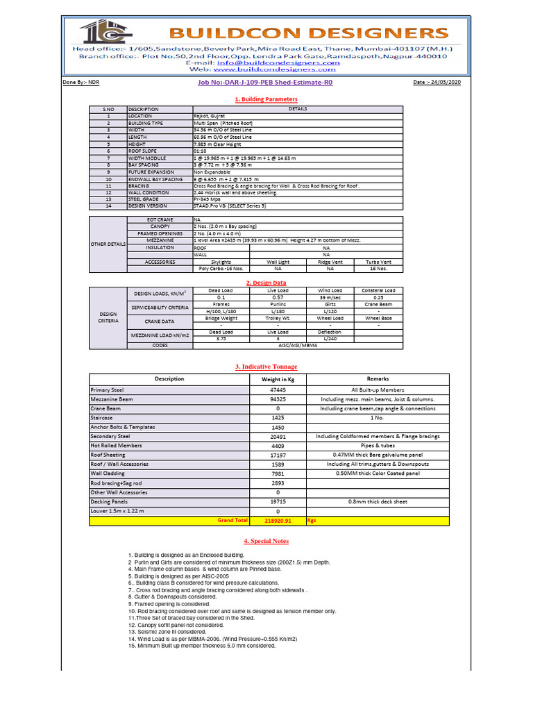 DAR-J-109-PEB Shed-Estimate-R0 | PDF | Beam (Structure) | Roof