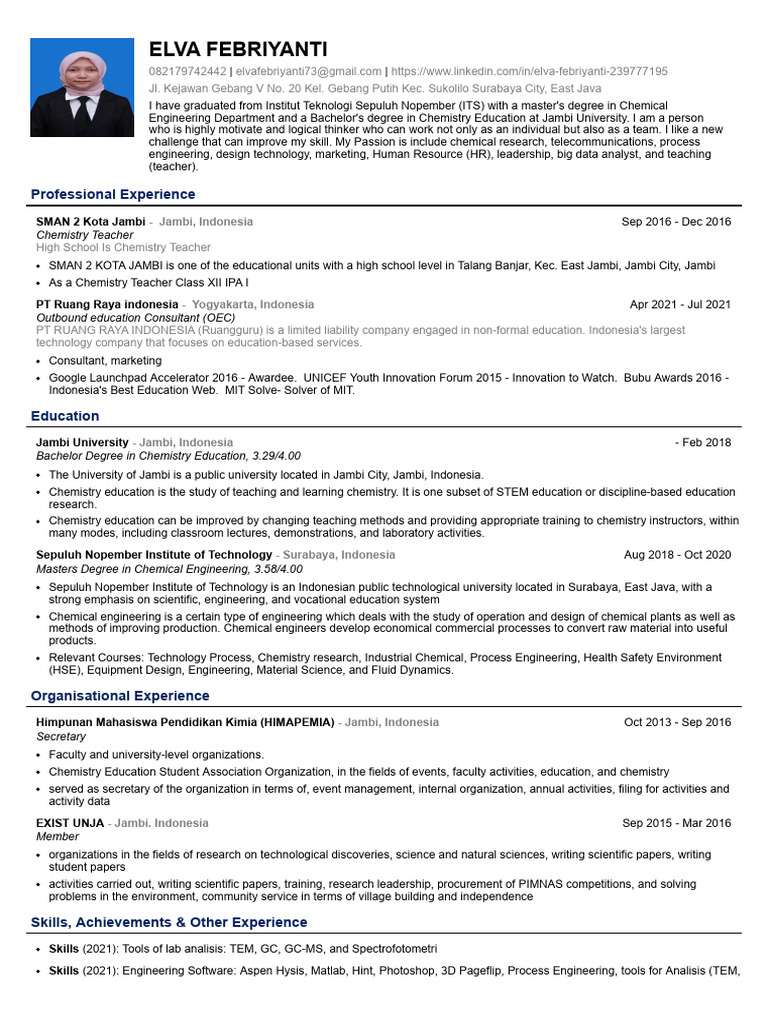 Curriculum Vitae (Elva Febriyanti) | PDF | Engineering | Chemical Engineering