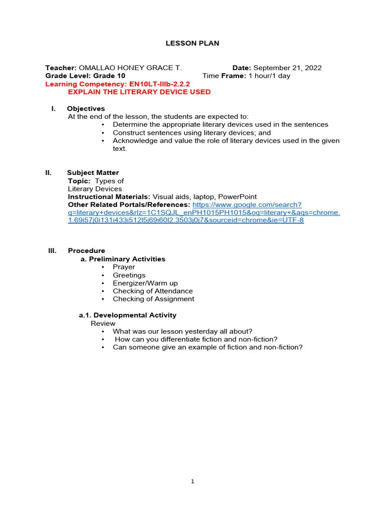 FINAL-Lesson-Plan-Literary Devices - Thank You Lord | PDF | Metaphor