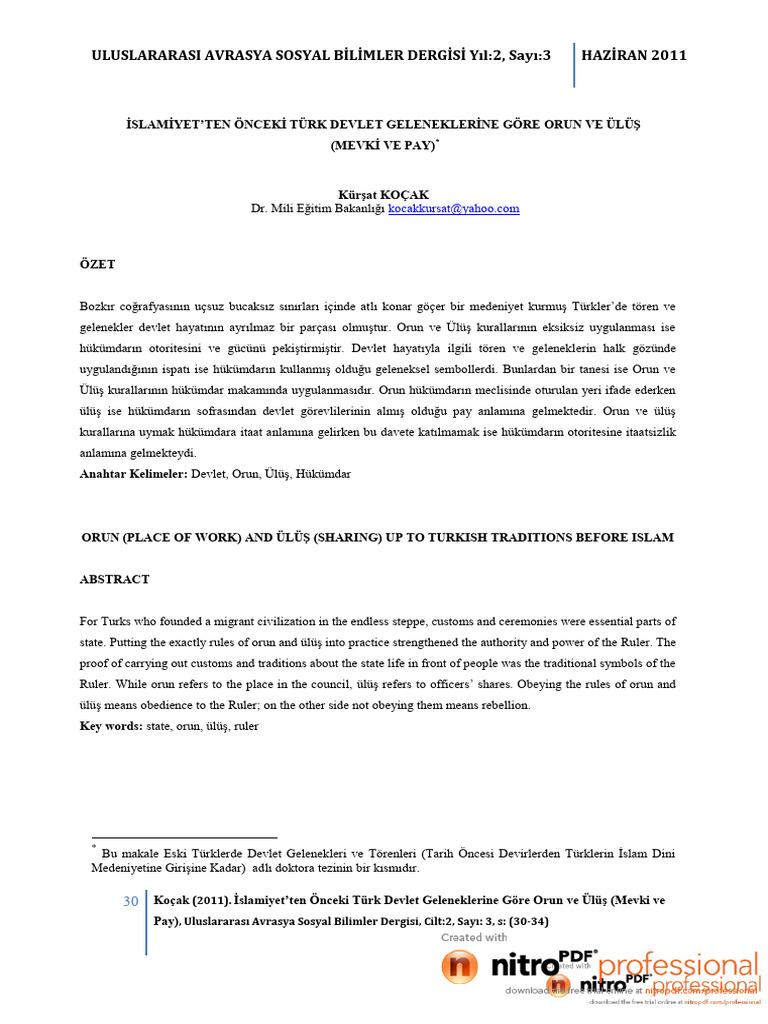 Kocak-Islamiyet'Ten Onceki Turk Devlet Geleneklerine Gore Orun Ve Ulus (Mevki Ve Pay) | PDF