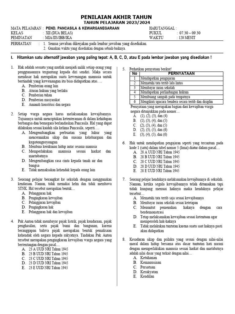 Soal Pat PPKN Kelas 12 K13 2023 - 2024 | PDF