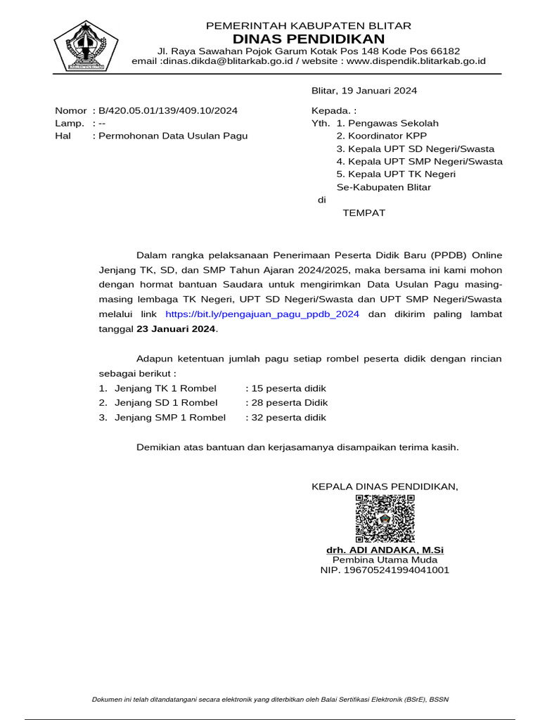 Permohonan Data Usulan Pagu PPDB Online | PDF
