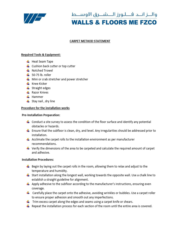 Carpet Method Statement | PDF | Waste Management | Adhesive