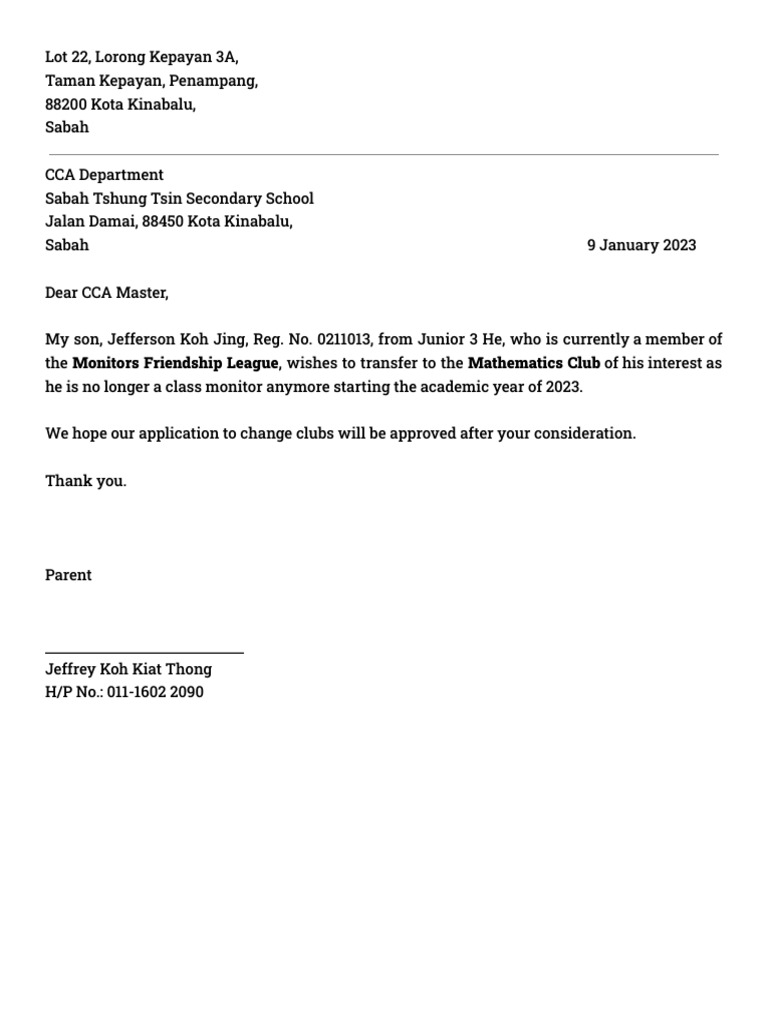 Letter of Application To Change Clubs | PDF