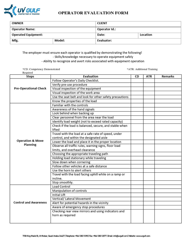 Operator Evaluation Form Uvg Pdf Saudi Arabia Vehicles 
