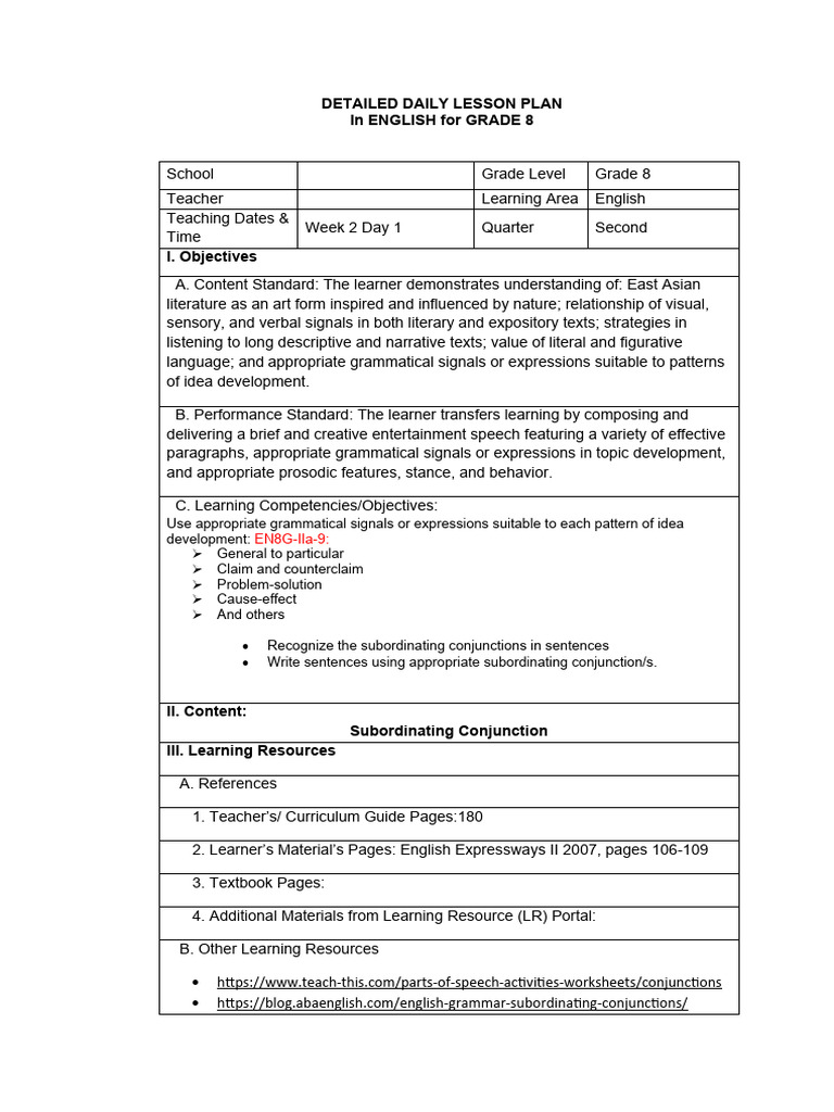 DETAILED DAILY LESSON PLAN in ENGLISH Fo | PDF | Linguistics | Grammar