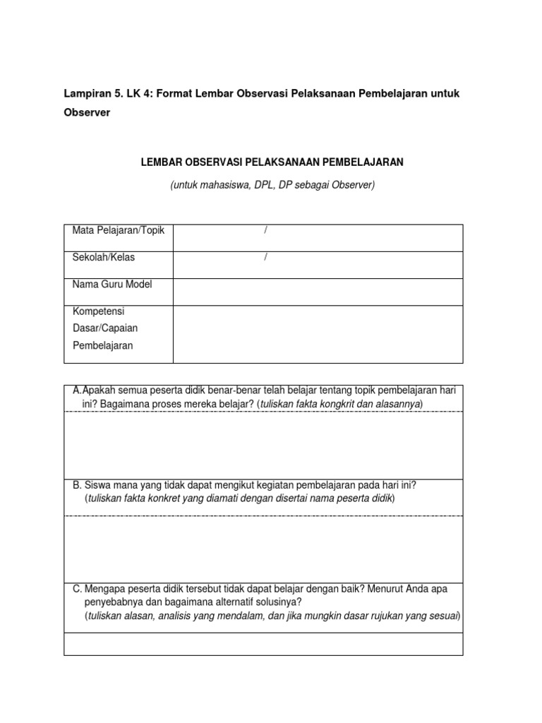 Lampiran 5. LK 4 Format Lembar Observasi Pelaksanaan Pembelajaran Untuk Observer | PDF
