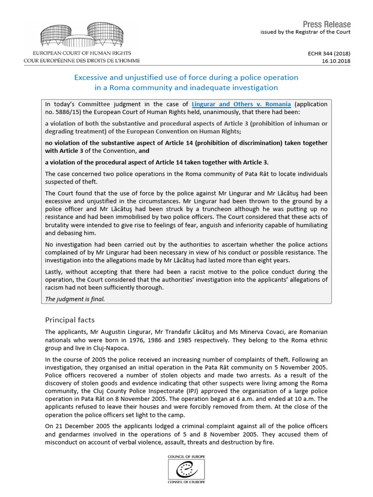 Judgment Lingurar and Others v. Romania - Police Operation in A Roma Community | PDF | European ...