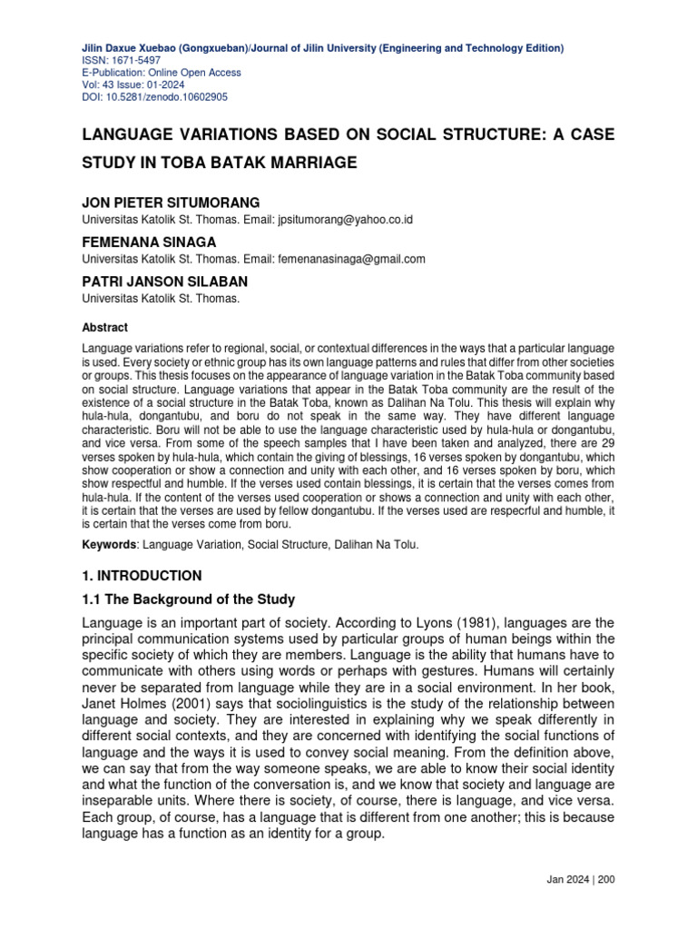 Language Variations Based On Social Structure: A Case Study in Toba Batak Marriage | PDF ...