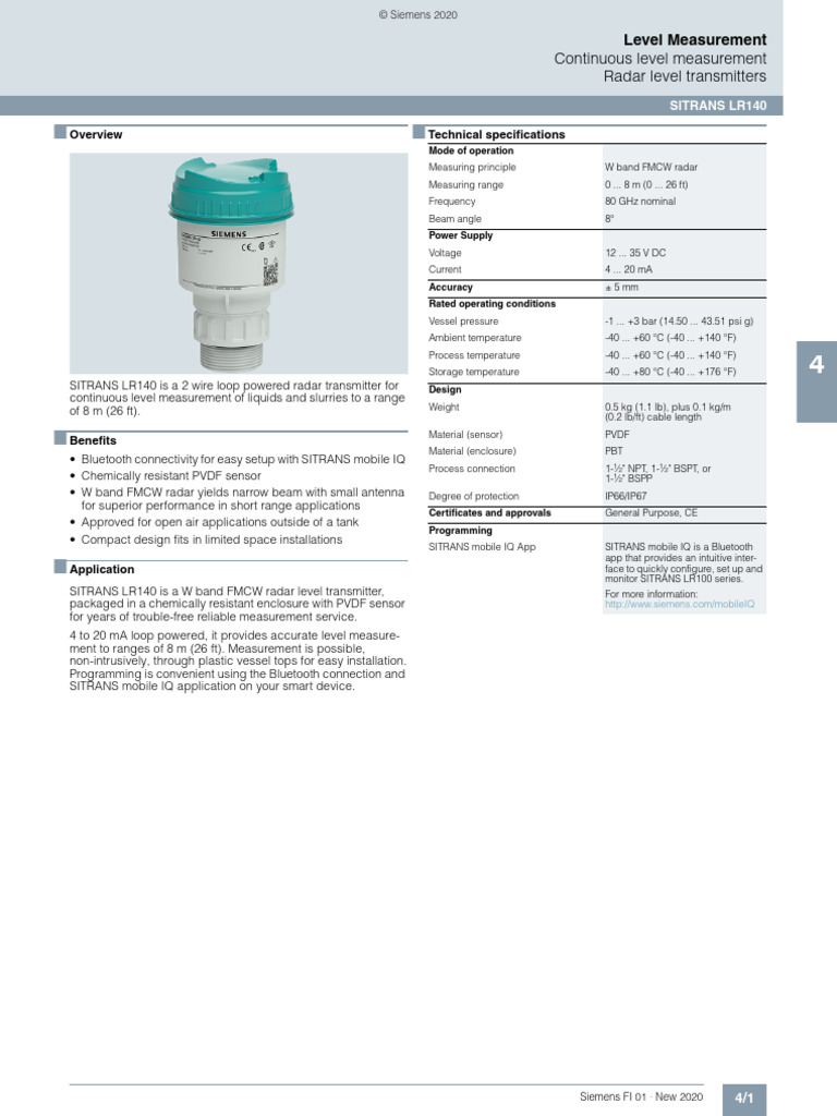 Siemens SITRANS LR140 Datasheet | PDF