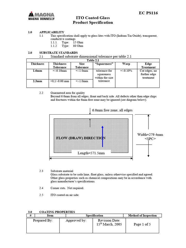 ITO Coated Glass Specifications | PDF | Glasses | Engineering Tolerance