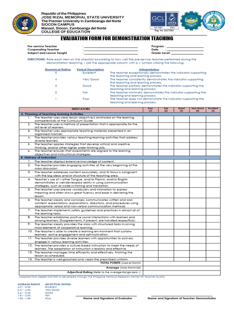 Teacher Evaluation Form for Demonstration | PDF | Teachers | Learning