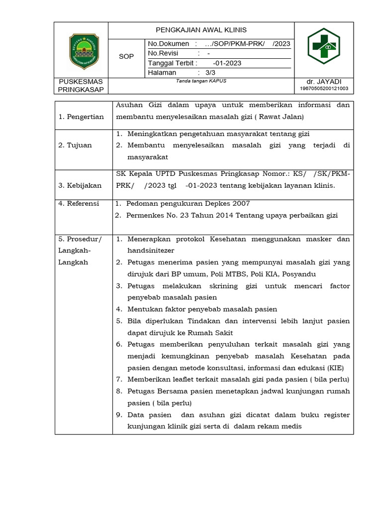 SOP ASUHAN GIZI (BAB 3.5 Ep 1) | PDF