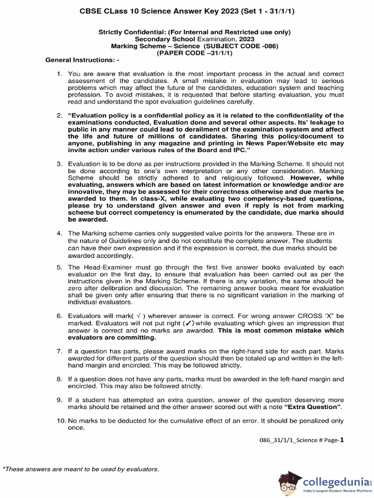 CBSE CLass 10 Science Answer Key 2023 Set 1 31 1 1 | PDF