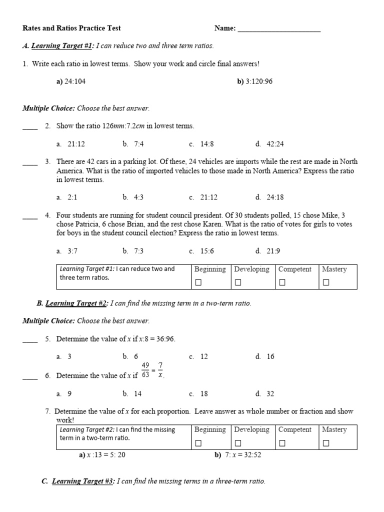 Rates and Ratios Practice | PDF | Ratio
