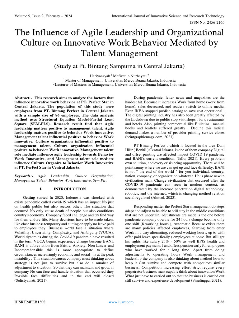 The Influence of Agile Leadership and Organizational Culture On Innovative Work Behavior ...
