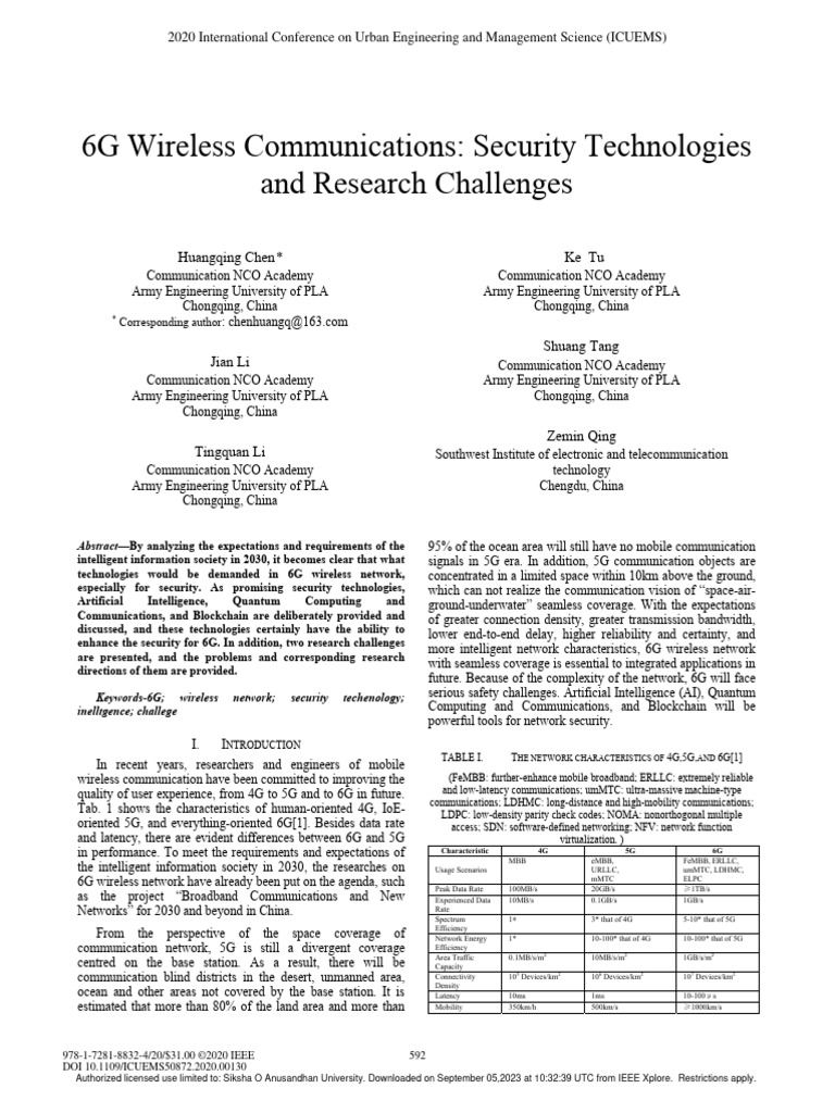 6G Wireless Communications Security Technologies and Research Challenges | PDF | Computer ...