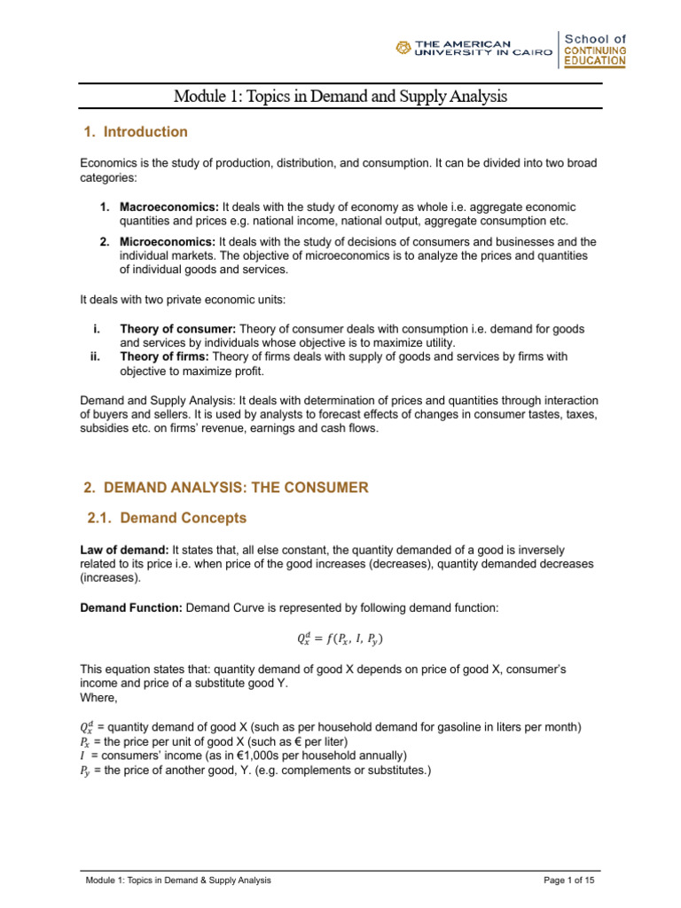 Module 1 - Topics in Demand and Supply Analysis - Handouts | PDF | Demand | Demand Curve