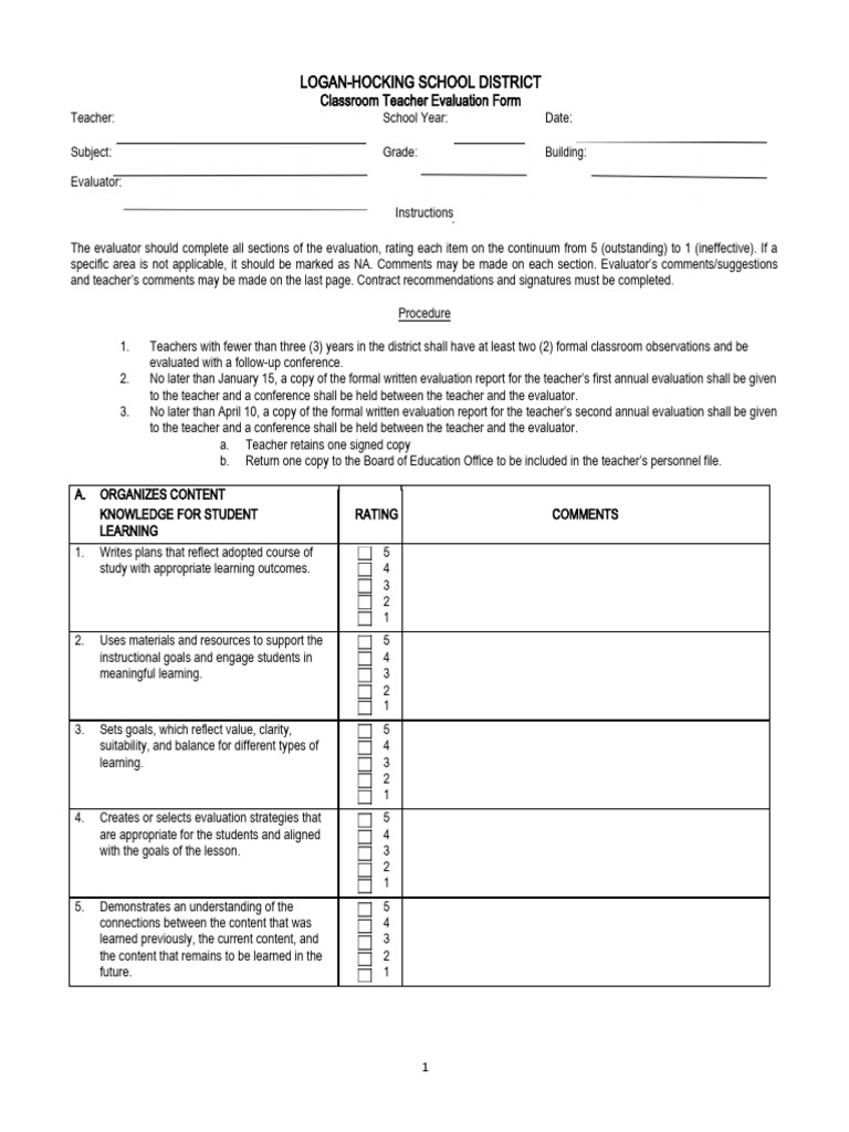 Logan-Hocking Teacher Evaluation Form | PDF | Teachers | Learning