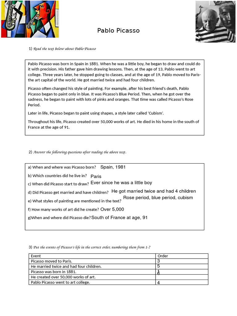Jasnoor Kaur - Pablo Picasso Comprehension Activity | PDF | Cubism ...