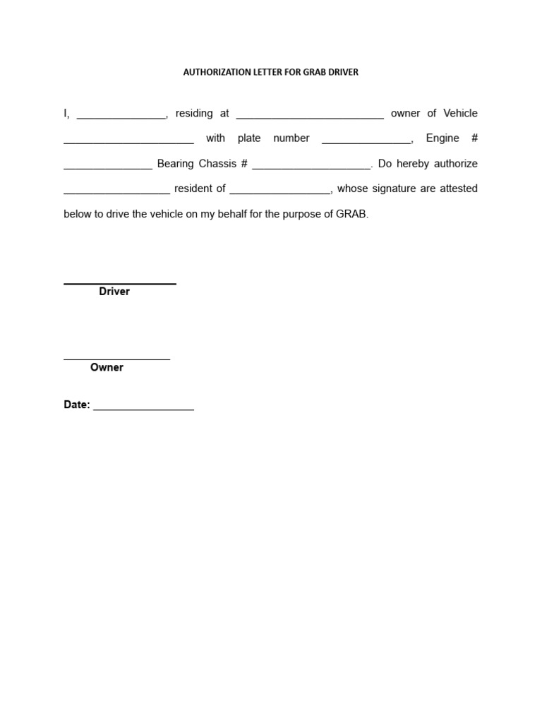 Authorization Letter For Grab Driver - Template | PDF | Business | Law