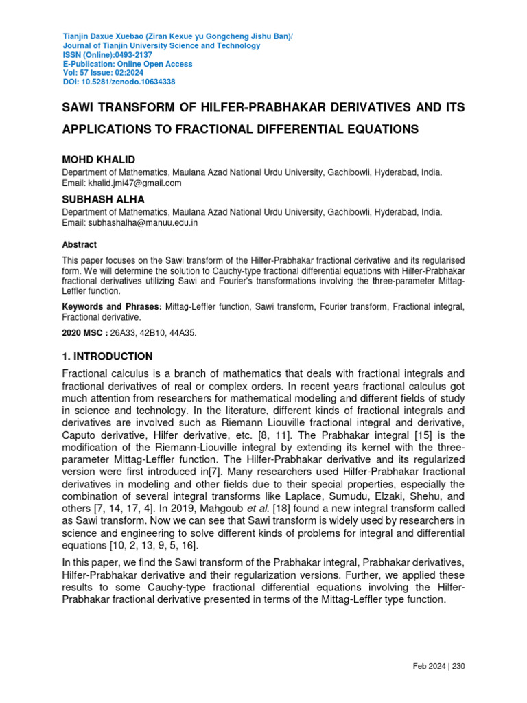 Sawi Transform of Hilfer-Prabhakar Derivatives and Its Applications To Fractional Differential ...