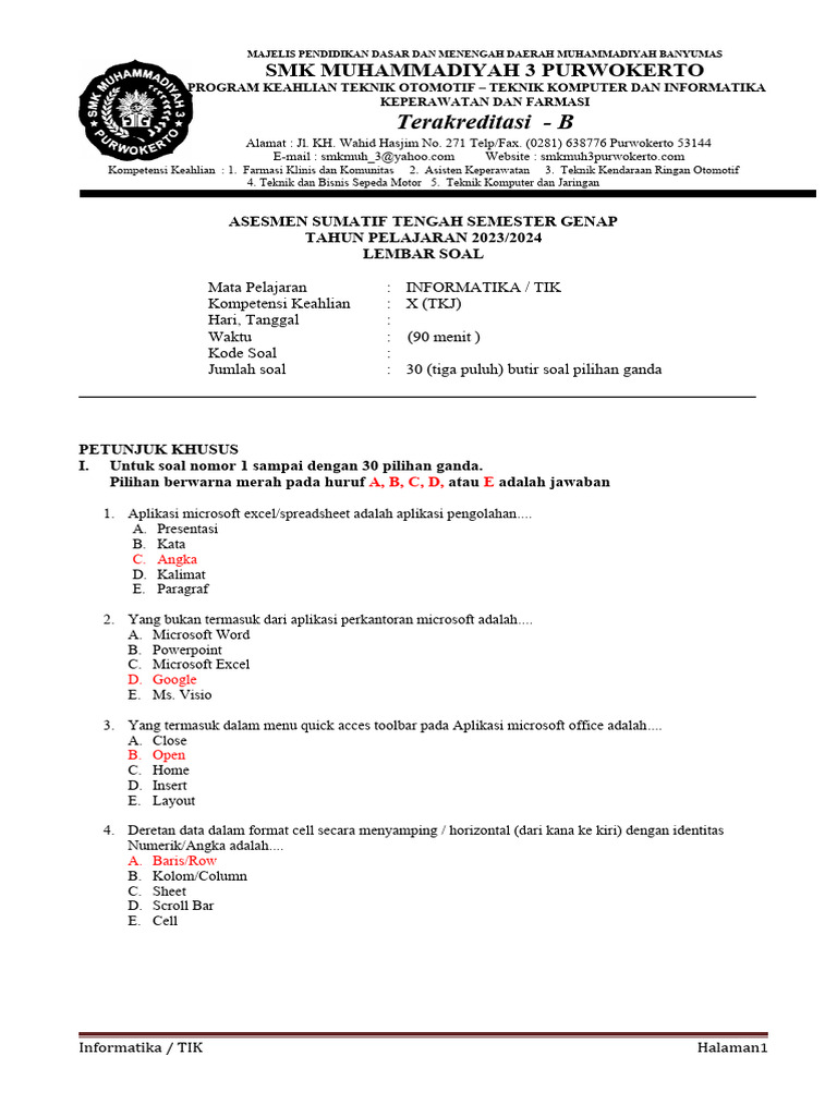 Lembar Soal & Kunci JWB Informatika | PDF