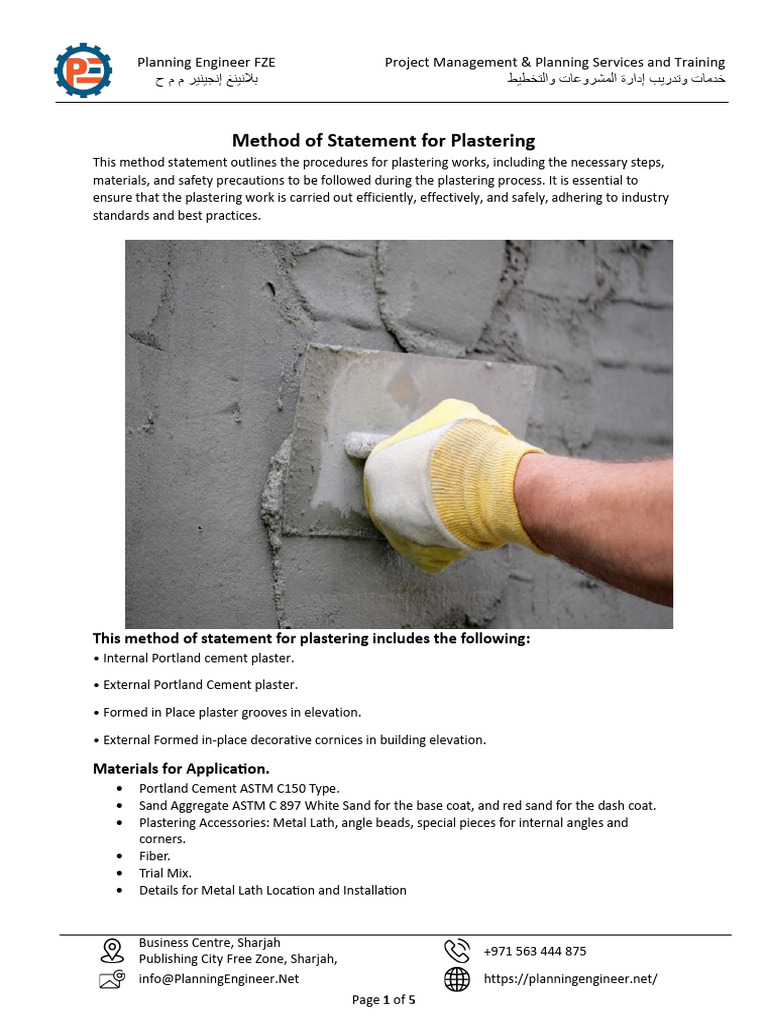 Method of Statement For Plastering | PDF | Plaster | Concrete