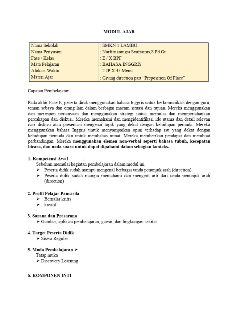 Modul Ajar Preposition Ok | PDF